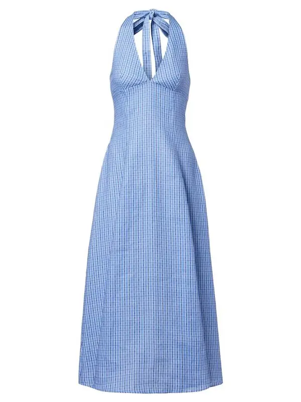 Faithfull The Brand Marais Checked Linen Midi Dress - Blue