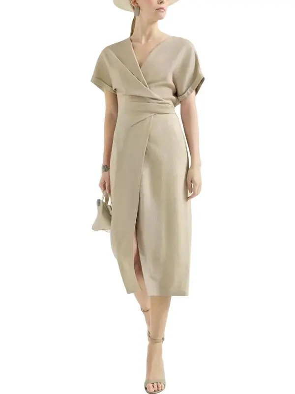 Brunello Cucinelli Viscose And Linen Fluid Twill Wrap-effect Dress With Monili - Neutrals