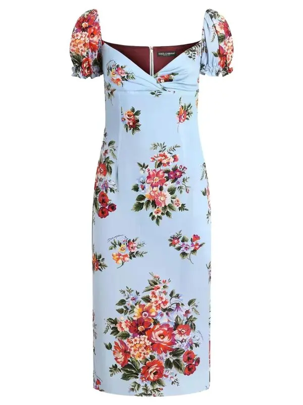 Dolce & Gabbana Floral Print Puff Sleeve Midi Dress - Blue