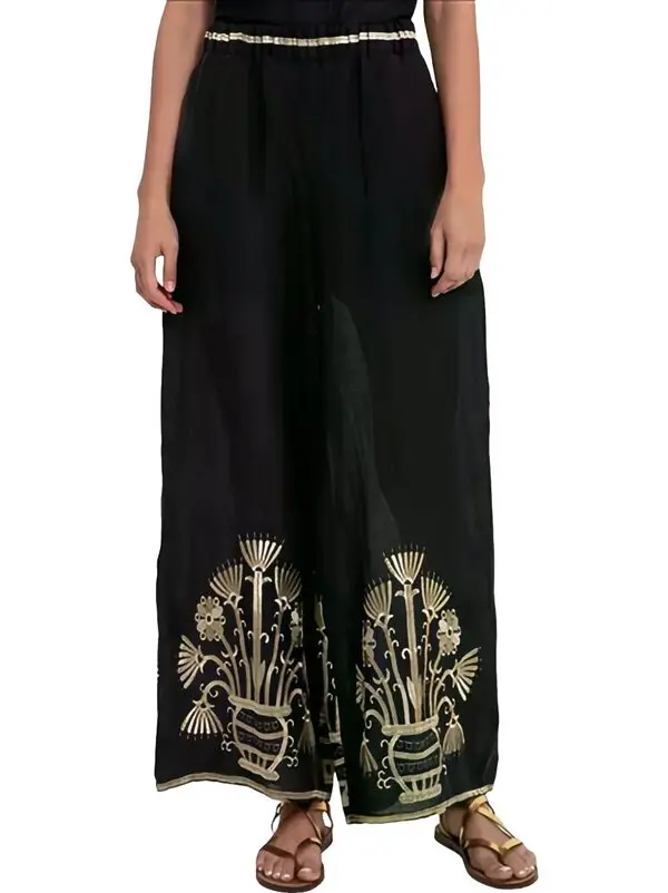 Greek Archaic Kori Floral Print Wide Leg Trousers - Black