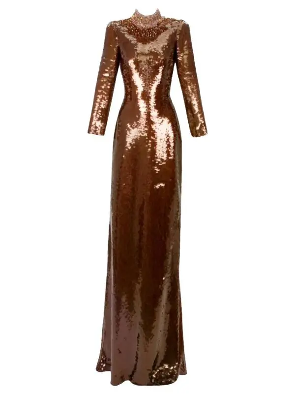 GEMY MAALOUF Sequined High Neck Maxi Dress - Brown