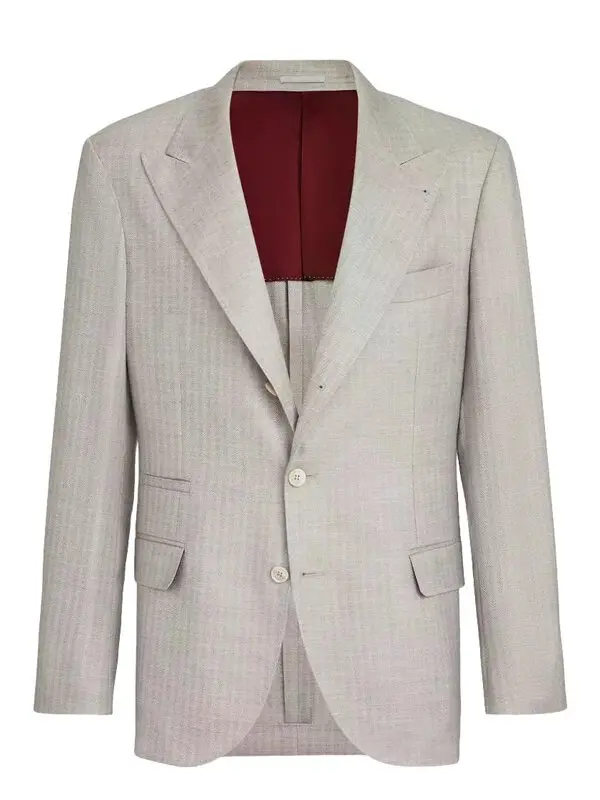 Brunello Cucinelli Cashmere And Silk Chevron Deconstructed Blazer With Peak Lapels - Grey