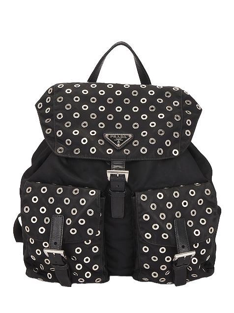 FWRD RENEW Prada Grommet Embellished Tessuto Backpack - Black