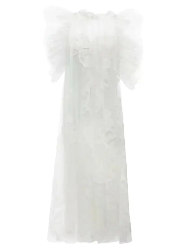 GEMY MAALOUF A-line Embroidered Midi Dress With Ruffle Detail - White
