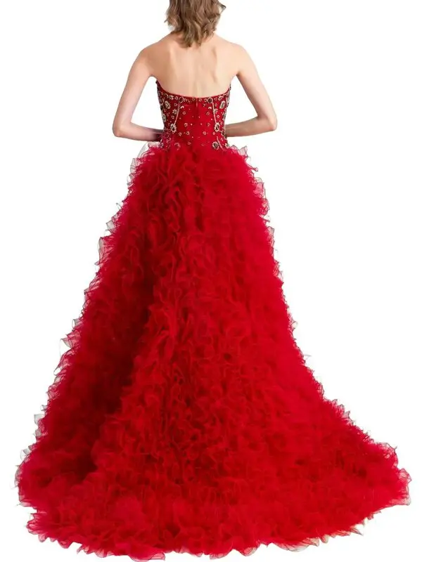 GEMY MAALOUF Strapless Corset Maxi Dress With Beaded Embellishment And Ruffled Skirt - Red