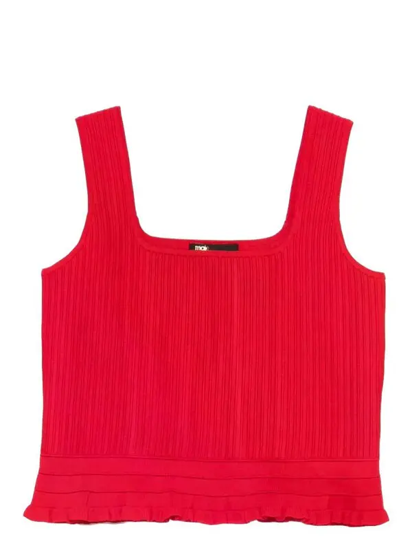 Maje Ribbed Square Neck Cropped Top With Ruffle Hem - Red