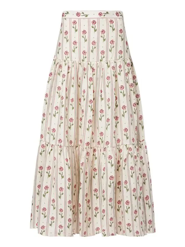 Agua Bendita Floral Linen Maxi Skirt - White