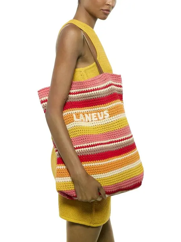 LANEUS Striped Crochet Tote Bag - Red