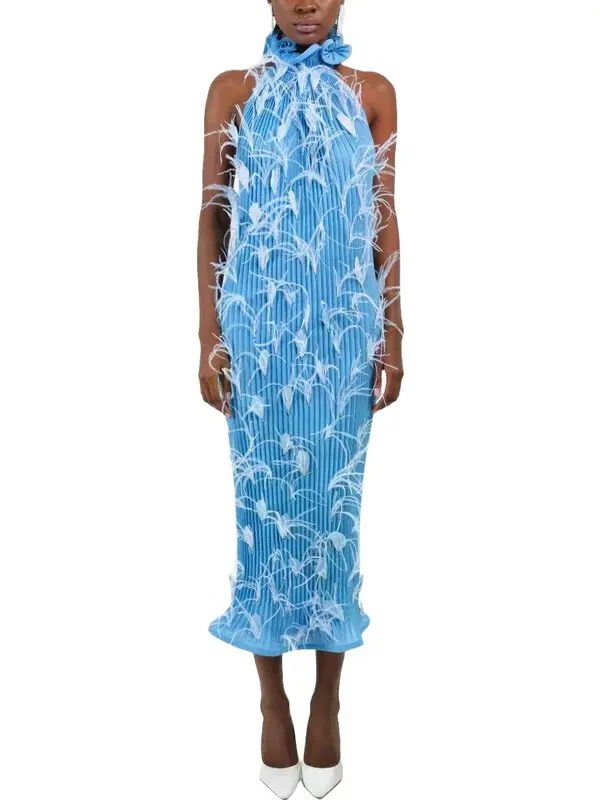 ROWEN ROSE Feather Pleated Maxi Dress - Blue