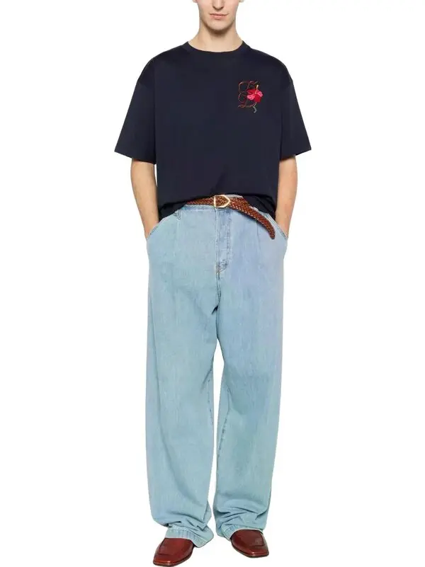 Drole De Monsieur Hibiscus-embroidered T-shirt - Blue