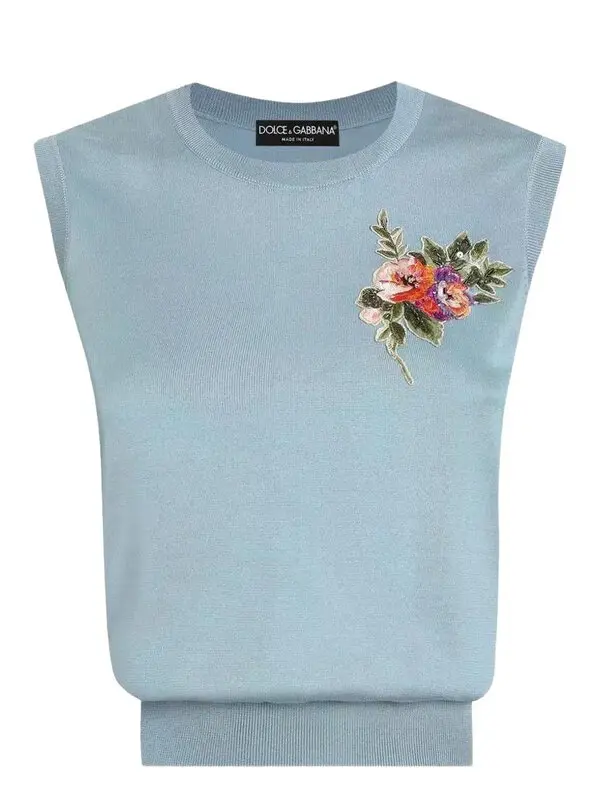 Dolce & Gabbana Sleeveless Silk Tank Top With Floral Appliqu - Blue