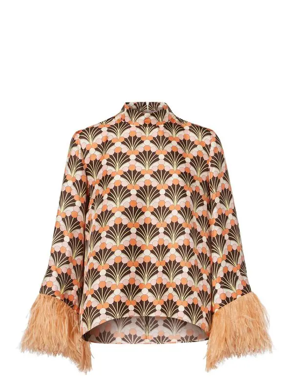 La DoubleJ Make An Exit Feather-trimmed Silk Twill Top - Multicoloured