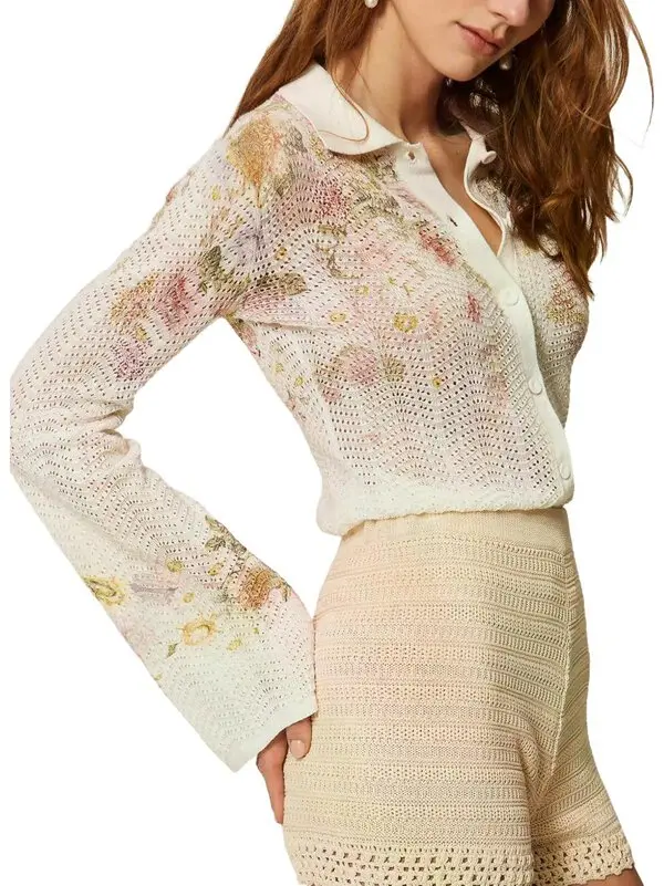 TWINSET Floral Print Knit Shirt - Neutrals