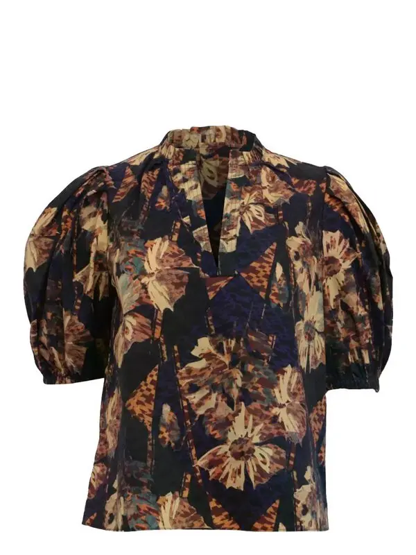 Ulla Johnson V-neck Floral Print Puff Sleeve Blouse - Black