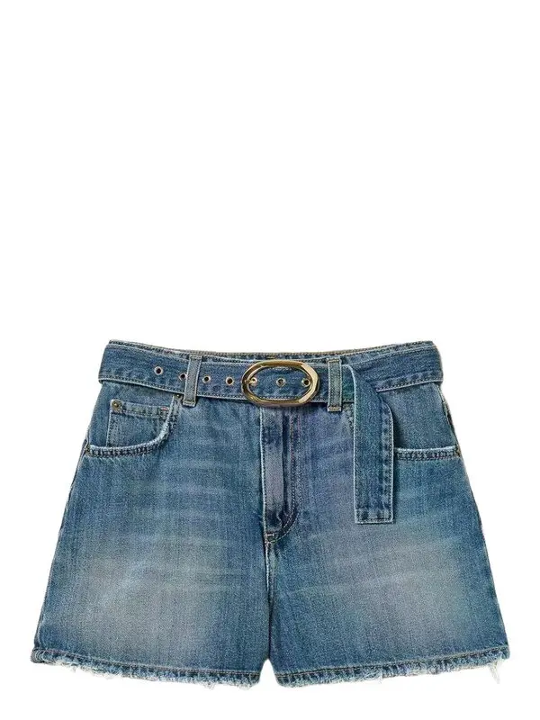 TWINSET Belted Stone Wash Denim Shorts With Fringed Hem - Blue
