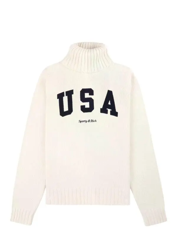 SPORTY & RICH Roll Neck Lettering Ribbed Knit Jumper - Neutrals