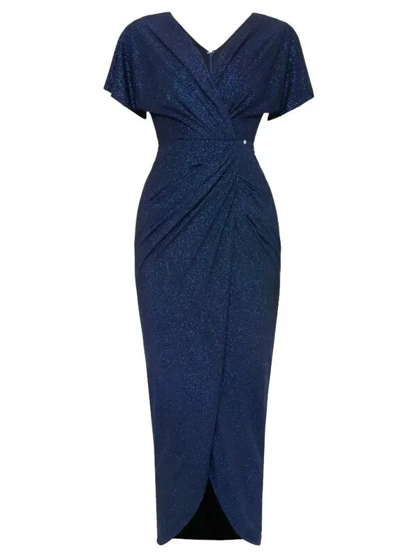 NISSA V-neck Draped Midi Dress With Short Sleeves - Blue