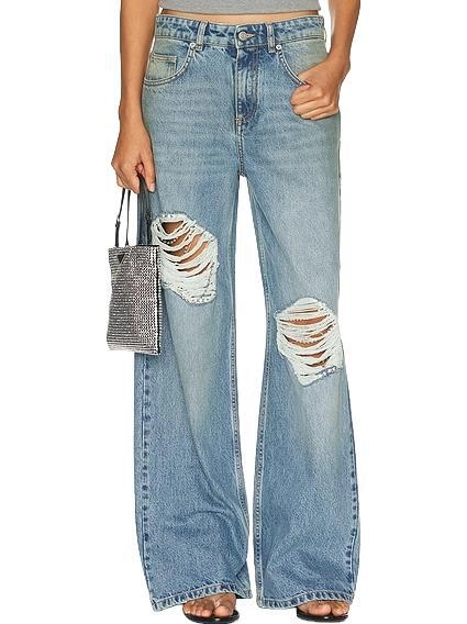AREA Crystal Fray Wide Leg Jeans - Medium Blue