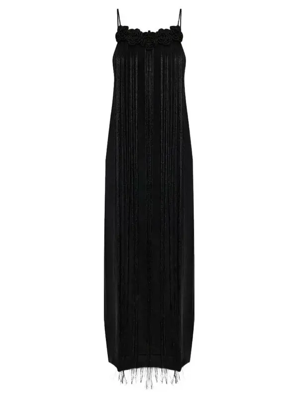 JIL SANDER Floral Appliqué Fringed Dress - Black