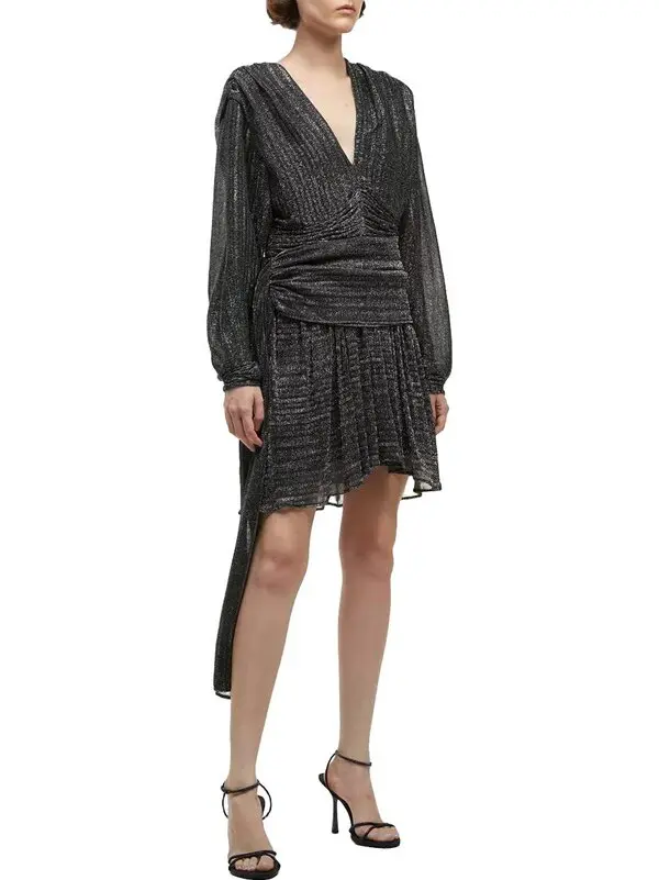 IRO PARIS Metallic Threaded V-neck Draped Mini Dress - Grey