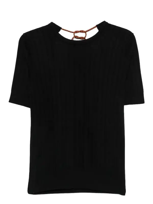 Plan C Ribbed Knit Short Sleeve Sweater With Open Back Detail - Black