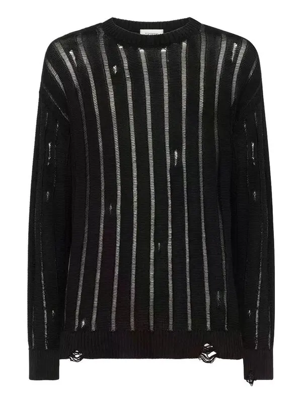 LANEUS Distressed Striped Crew Neck Jumper - Black