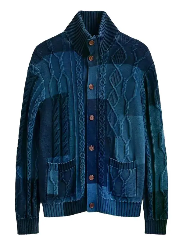 Gant Indigo Cotton Cable Knit Patchwork Cardigan - Blue