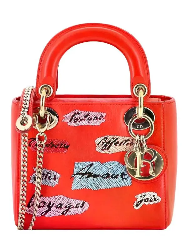 Dior Lady Chain Bag Beaded Leather Mini Shoulder Bag - Red