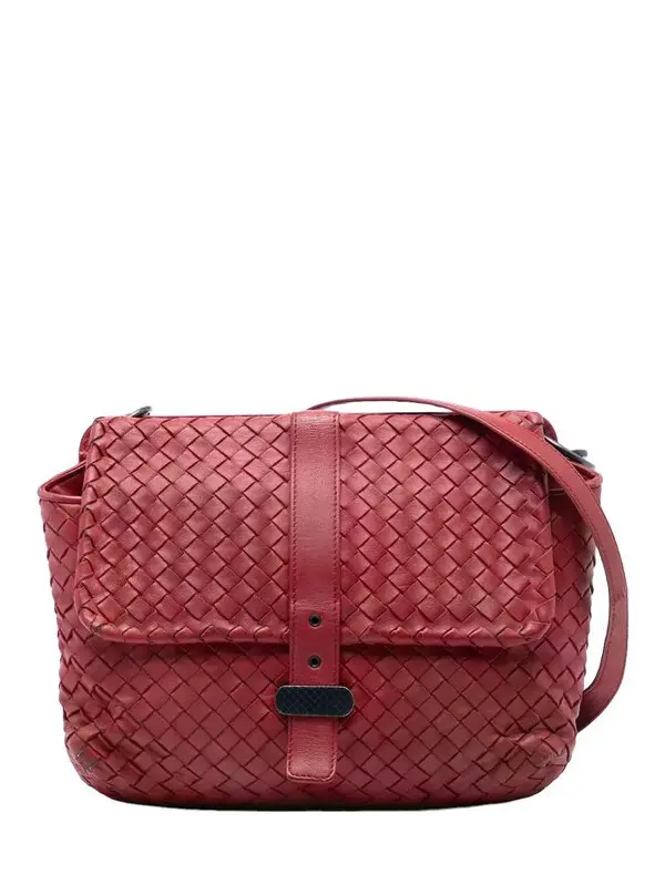 Bottega Veneta Woven Nappa Leather Double Flap Messenger Bag - Red