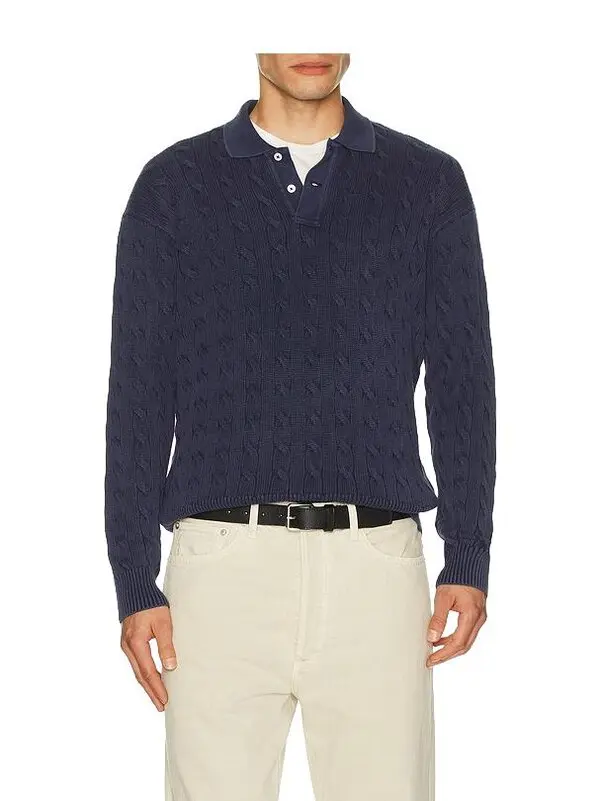 Polo Ralph Lauren Long Sleeve Garment Dyed Cable Knit Polo Sweater - Blue