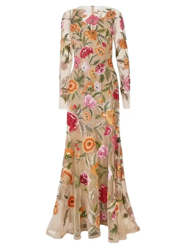 Carolina Herrera Floral Embroidered Tulle Gown - Neutrals