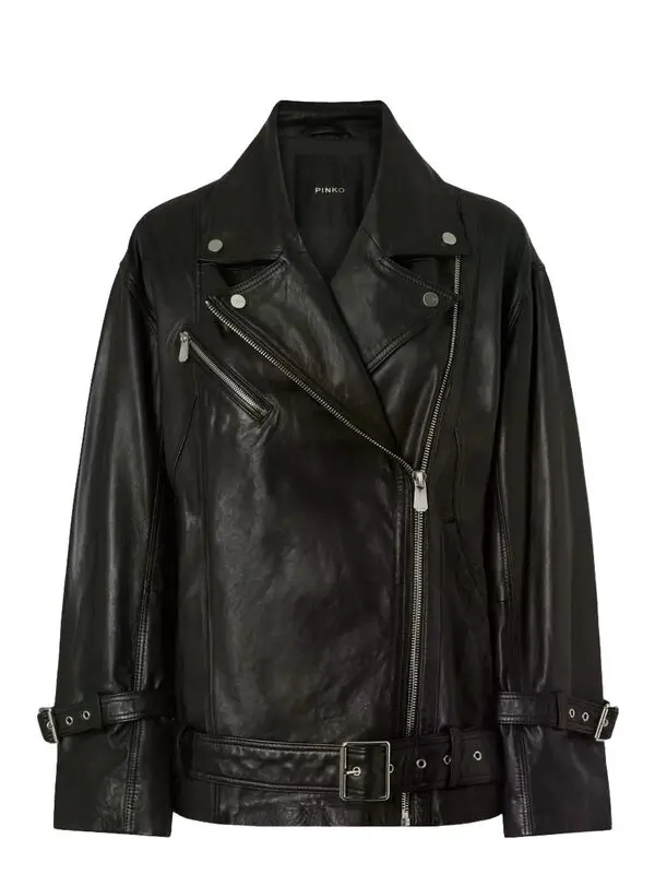 Pinko Distressed Leather Biker Jacket With Buckle Detail - Black