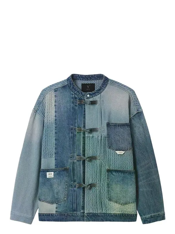 FIVE CM Patchwork Knot-fastening Cotton Jacket - Blue