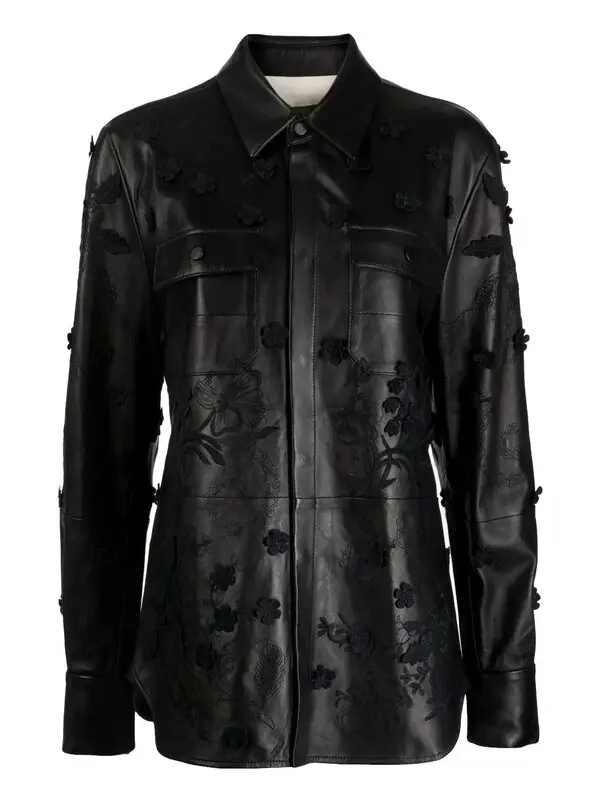 Elie Saab Leather Floral Embroidered Shirt Jacket - Black