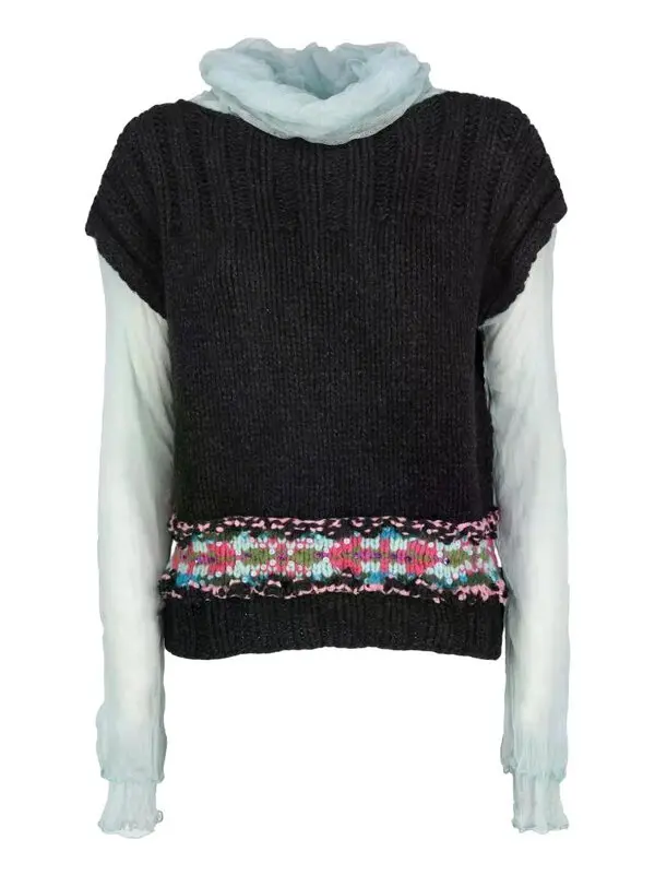 VOYAGE ET CIE Ribbed Knit Floral Trim Sweater - Black