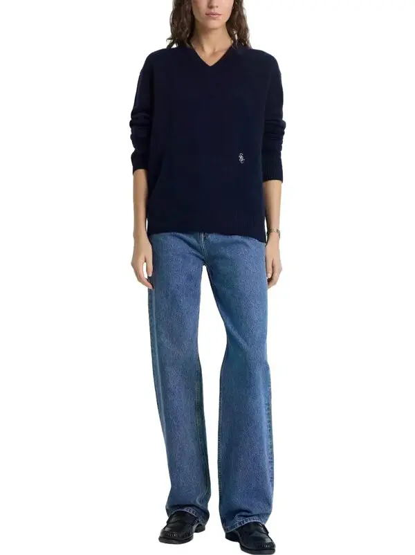 SPORTY & RICH V-neck Embroidered Sweater - Blue