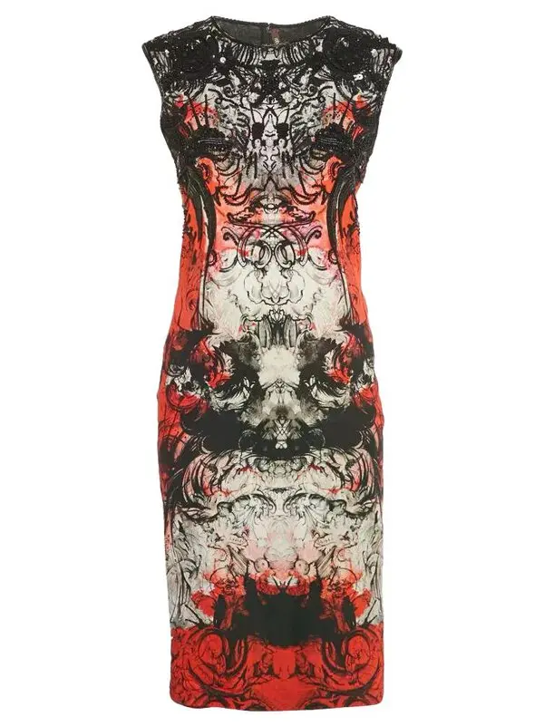 Roberto Cavalli Print Beaded Embellishment Crepe Round Neck Sleeveless Dress - Black