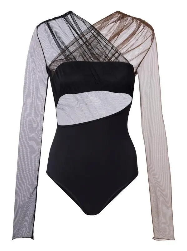 NENSI DOJAKA Cutout Ruched Sheer Bodysuit - Black