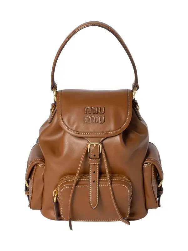 Miu Miu Leather Backpack With Flap And Buckle Detail - Brown