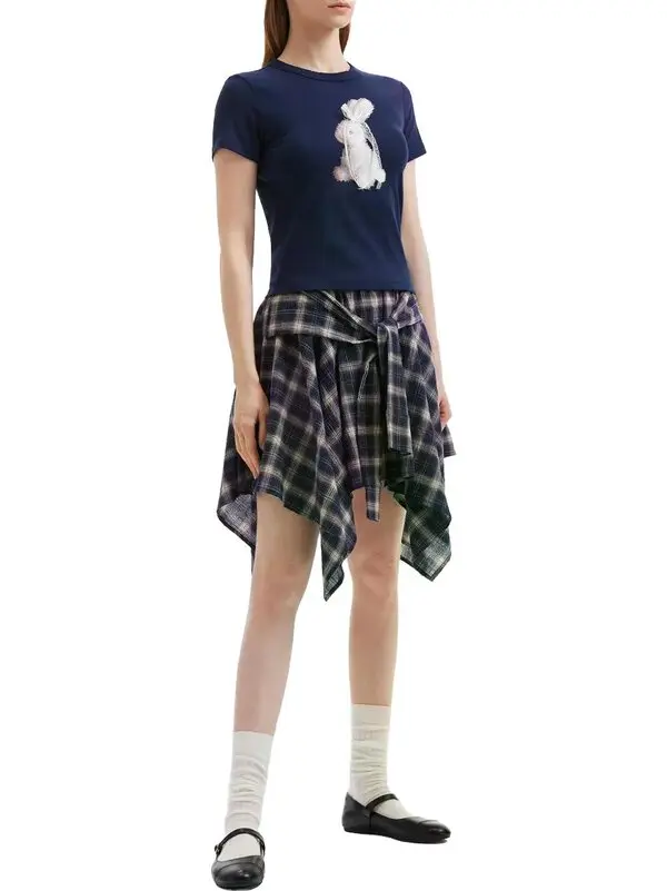B+AB Asymmetric Check-pattern Skirt With Tie Waist - Blue