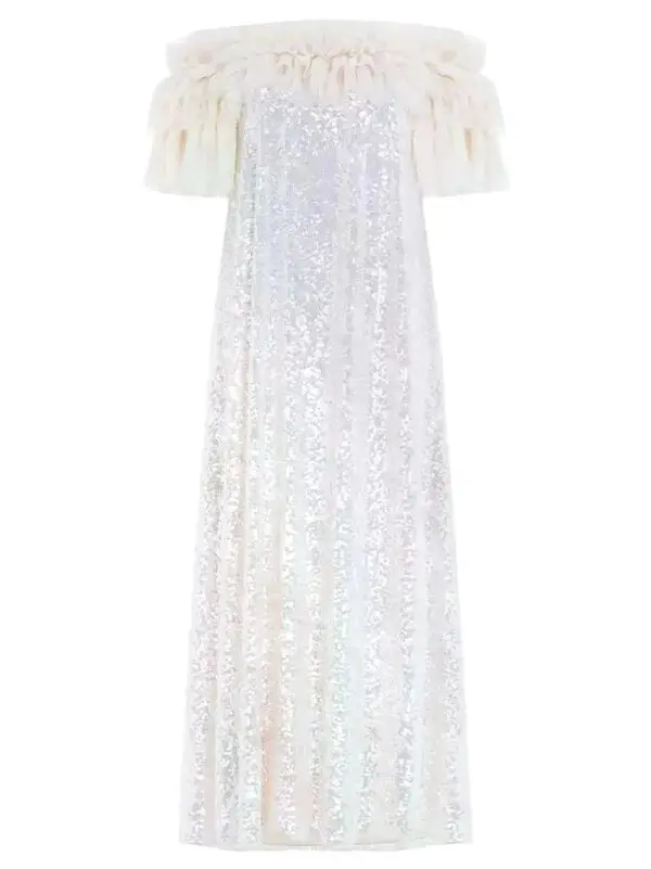 NEEDLE & THREAD Sequin Off-shoulder Ruffled Midi Dress - Neutrals