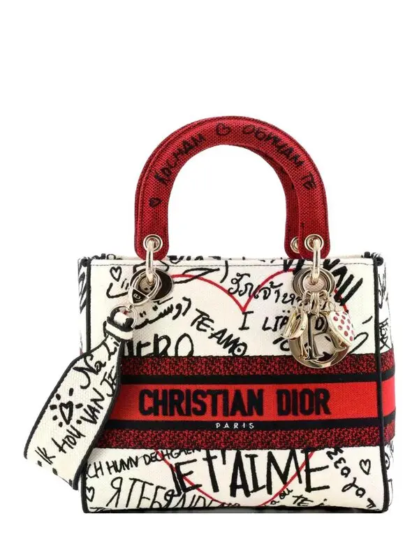 Dior Lady D-lite Bag Embroidered Canvas Medium Satchel - Red