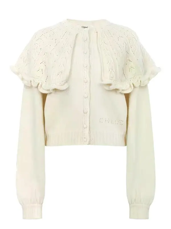 Chloé Cable Knit Ruffled Collar Cardigan - Neutrals