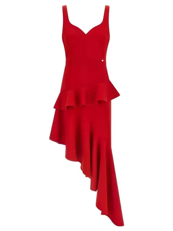 CATALINA Ruffled Asymmetric Midi Dress - Red