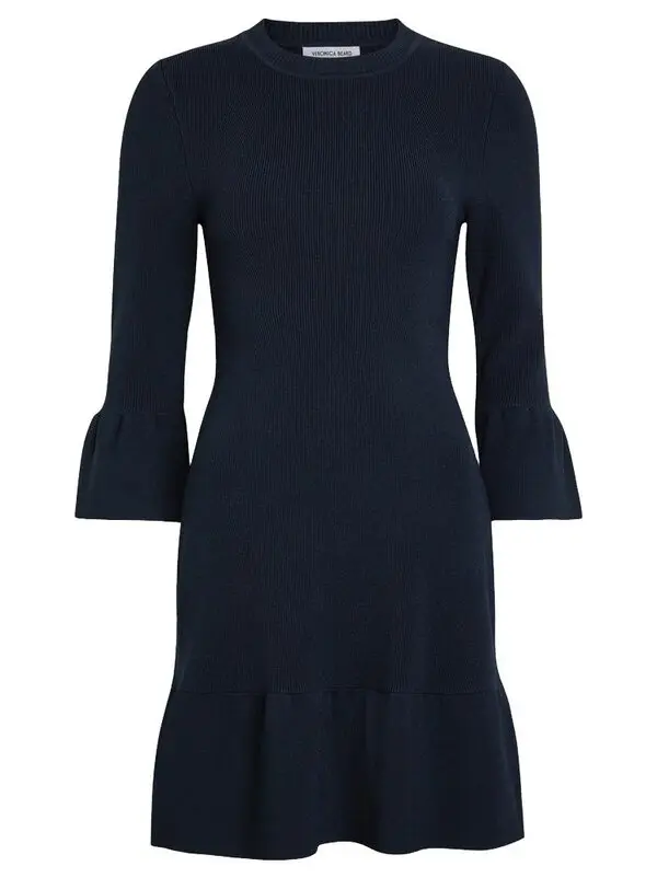 Veronica Beard Portia Knit Mini Dress With Flared Cuffs And Hem - Navy