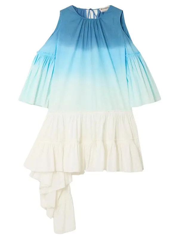 JW Anderson Cold-shoulder Tiered Ruffled Tie & Dye Cotton-poplin Mini Dress - Multi