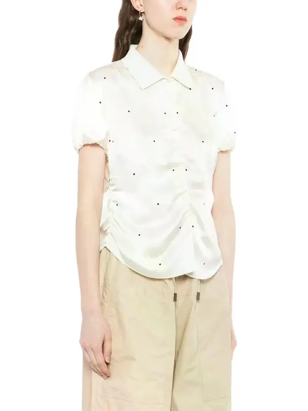 LESS Polka Dot Silk Blouse With Lace Trim - White