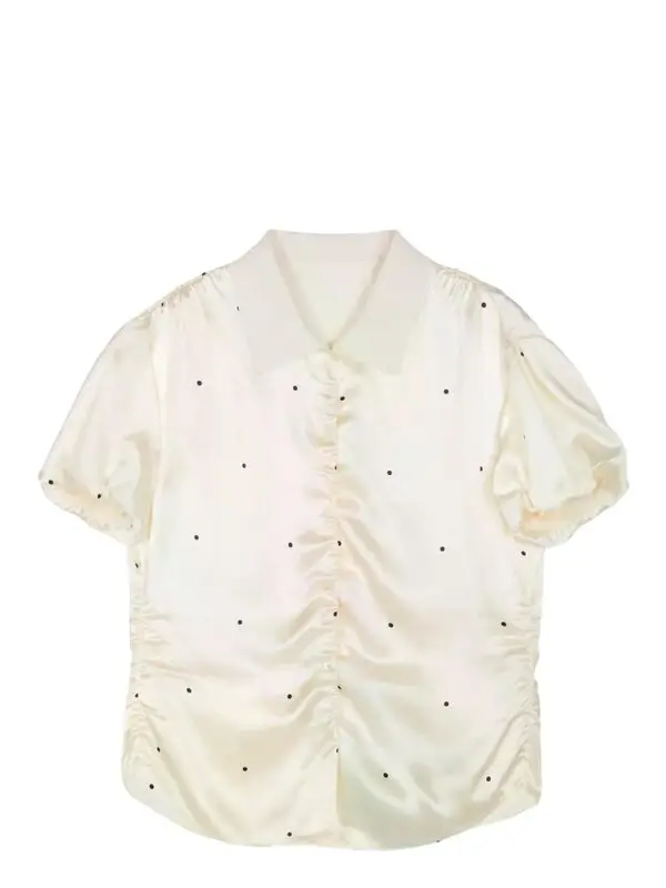LESS Polka Dot Silk Blouse With Lace Trim - White