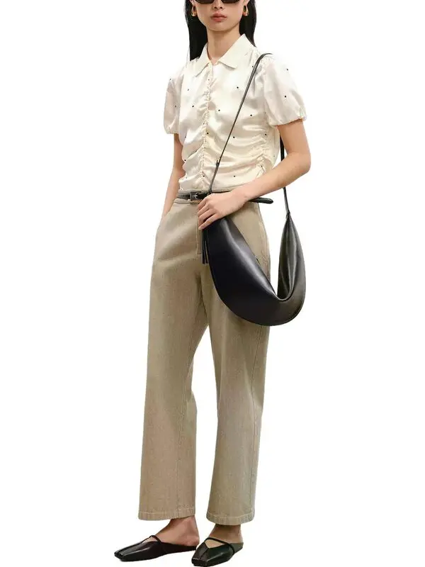 LESS Polka Dot Silk Blouse With Lace Trim - White