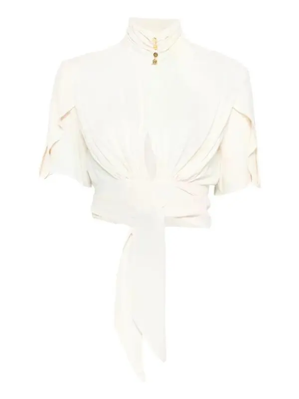 Elisabetta Franchi Short Sleeve Blouse With Sash - Neutrals